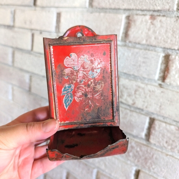 Vintage | Accents | Vintage Metal Matchbox Holder Red Rustic Floral ...